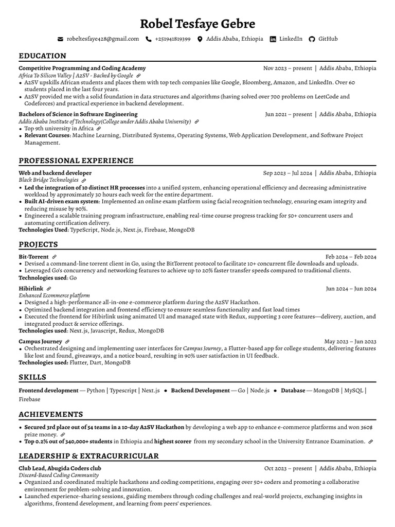 Robel Tesfaye Gebre: Software Engineer Profile | PDF | Computing ...