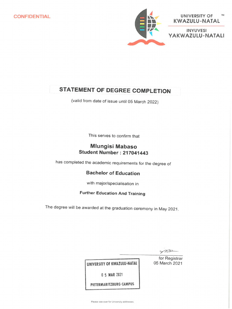 Letter of Degree Completion | PDF