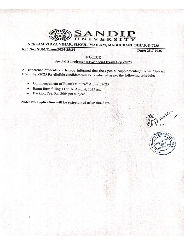 Special Supplementary Exam-Special Exam SEP. 2025 For Eligible Students | PDF