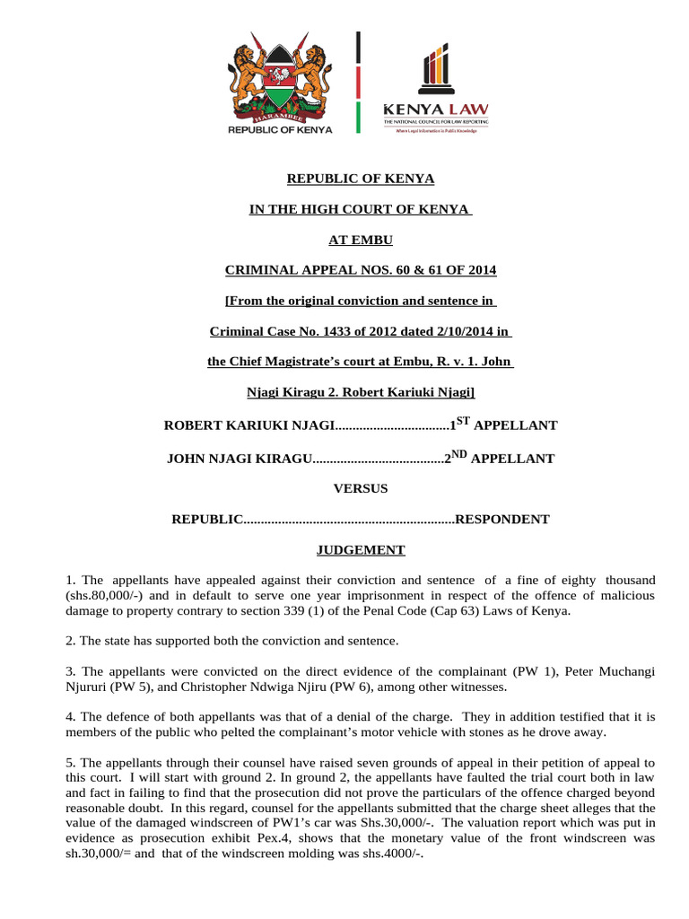 Kenya High Court Appeal: Malicious Damage Case | PDF | Judgment (Law ...