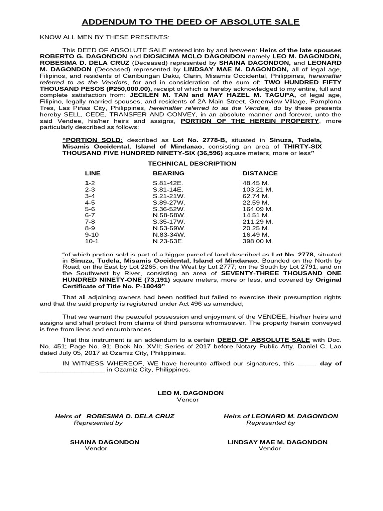 Addendum of The Deed of Absolute Sale-Diosicima M. Dagondon | PDF ...