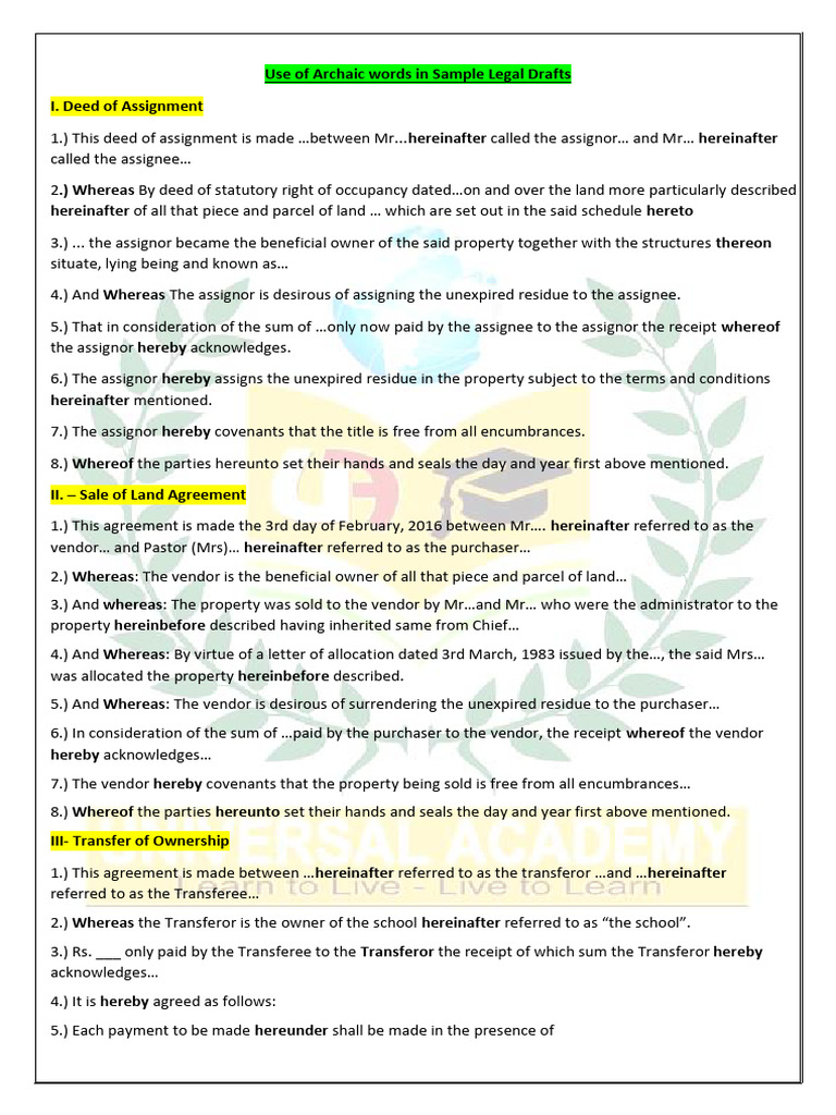 Use of Archaic Words in Sample Legal Drafts | PDF | Assignment (Law) | Property Law