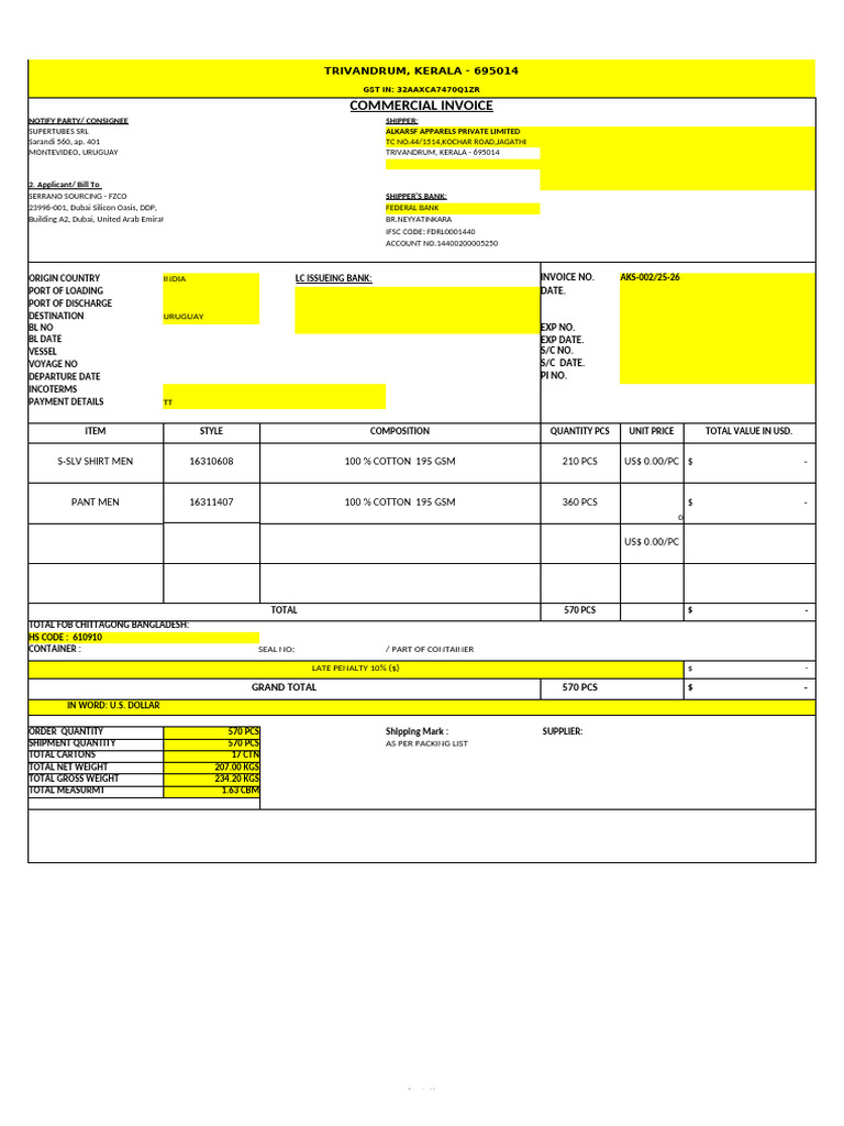 India-Invoice & PL Format Uruguay - Alkarsf | PDF | Business Documents
