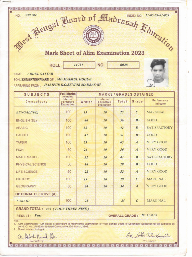 Madhyamik Marksheet | PDF