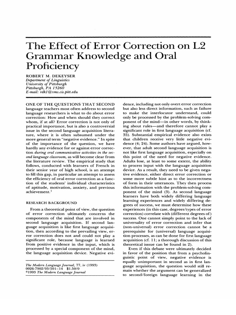 DeKeyser - 1993 - The Effect of Error Correction | PDF | Second Language | Second Language ...