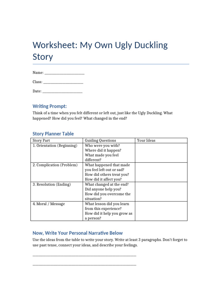 Ugly Duckling Personal Story Worksheet | PDF