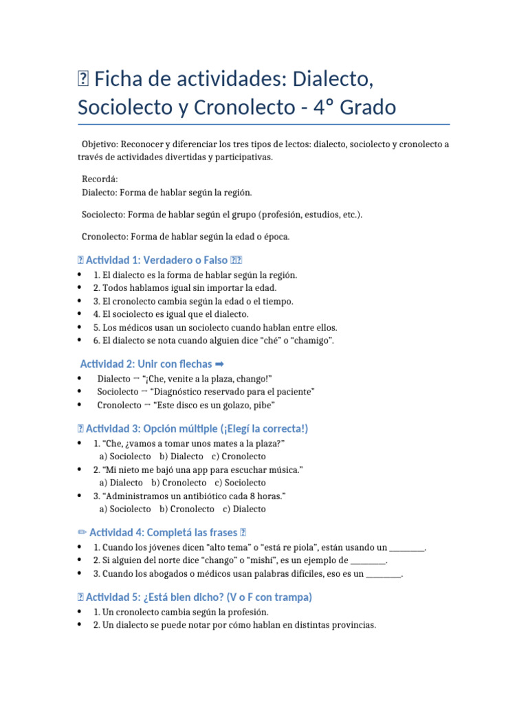 Ficha Actividades Lectos 4to | PDF