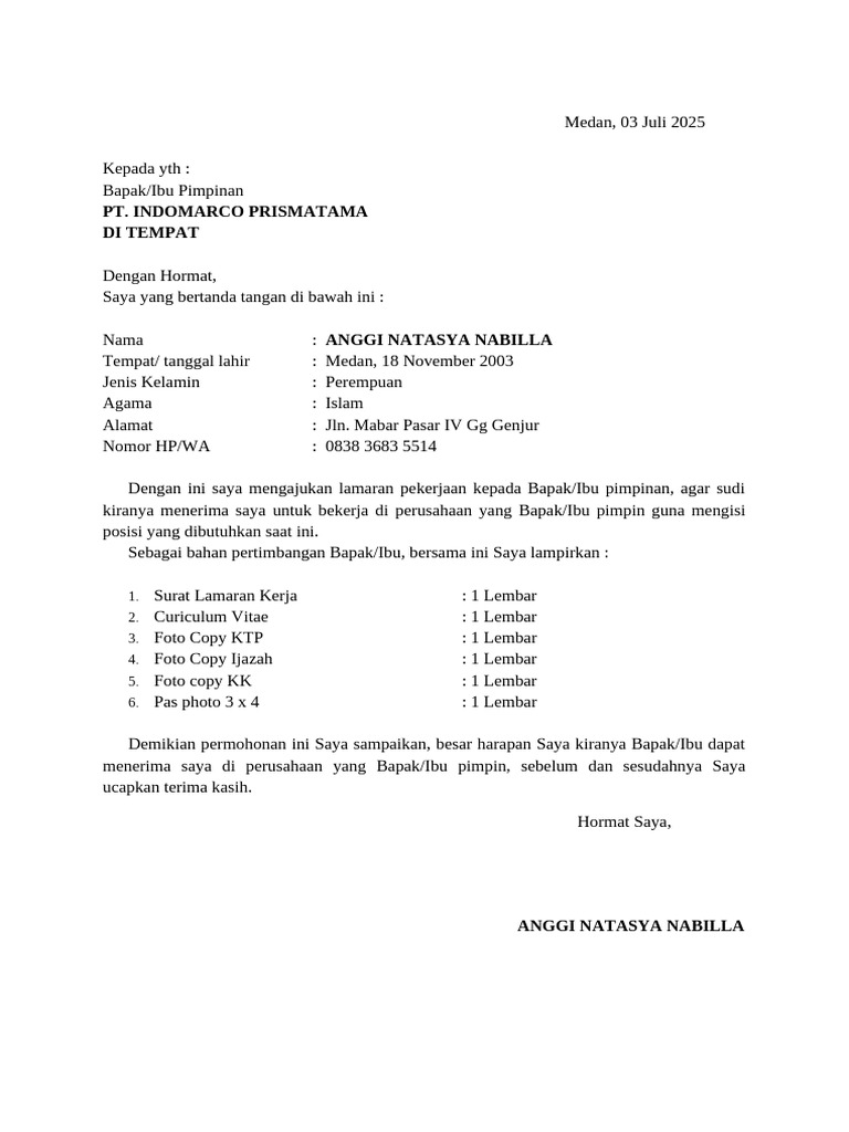 Lamaran Pekerjaan Anggi Natasya | PDF