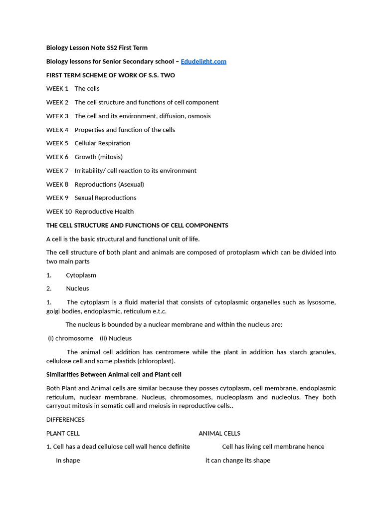 Biology Lesson Note SS2 First Term | PDF | Cellular Respiration | Osmosis