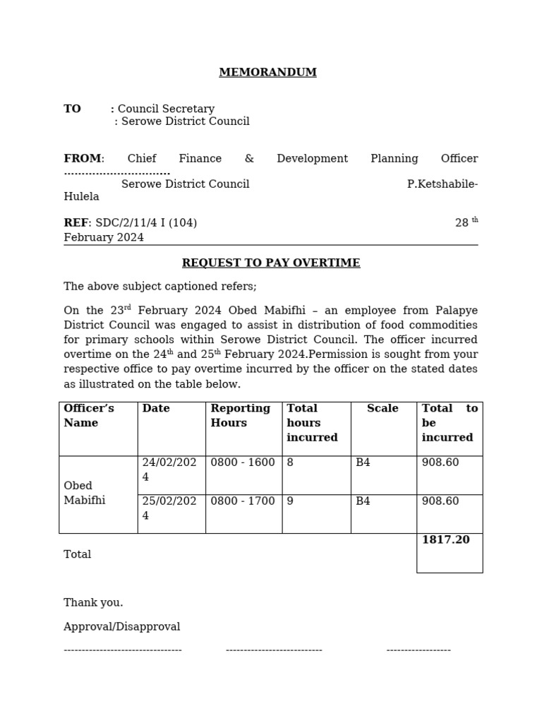 Overtime Payment Request for Employee | PDF