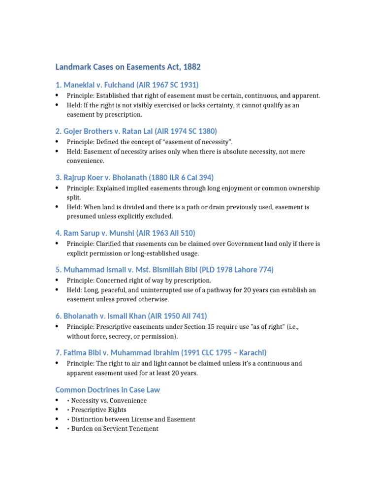Landmark Cases Easement Act 1882 | PDF