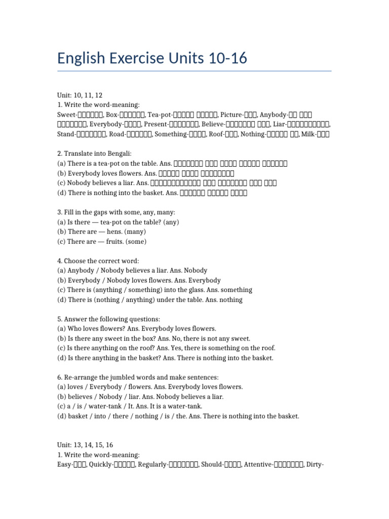 English Exercise Units 10 To 16 | PDF