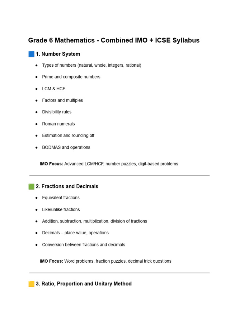 Grade 6 Mathematics - Combined IMO + ICSE Syllabus | PDF