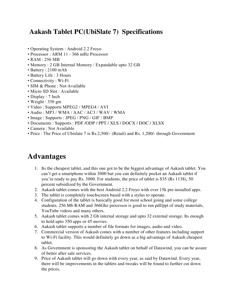 Aakash Tablet PC (Ubislate 7) Specifications: Advantages | PDF | Tablet ...