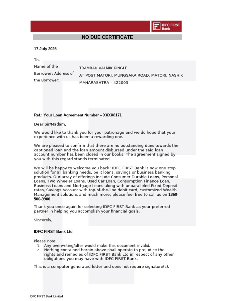 Idfc Noc | PDF