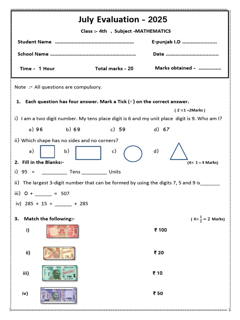 4th Grade Mathematics Evaluation Worksheet | PDF | Chess | Chess Theory