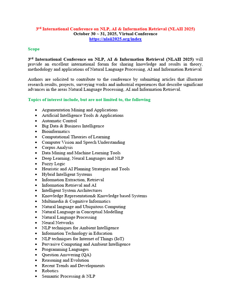 3rd International Conference On NLP, AI & Information Retrieval (NLAII 2025) | PDF | Artificial ...