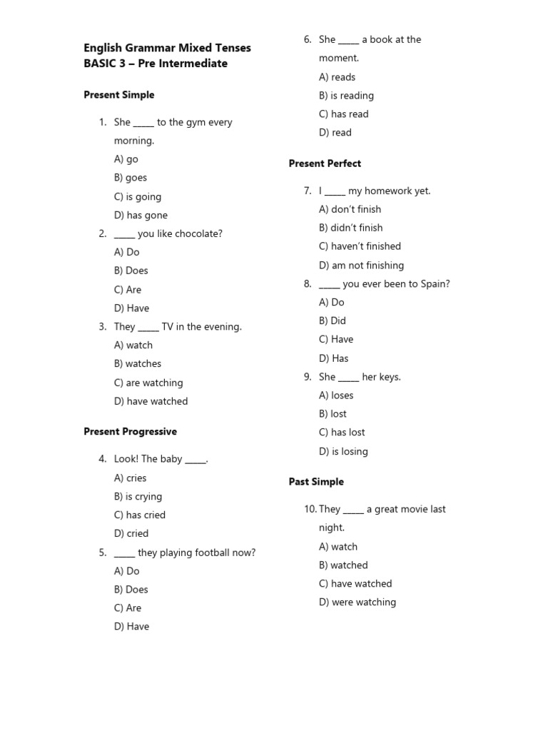 English Grammar: Mixed Tenses Quiz | PDF
