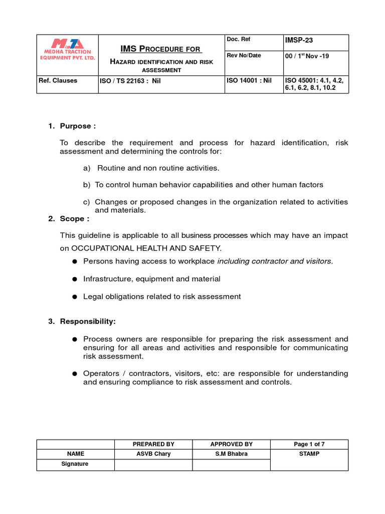 23 IMS Procedure For HIRA | PDF | Risk | Risk Assessment