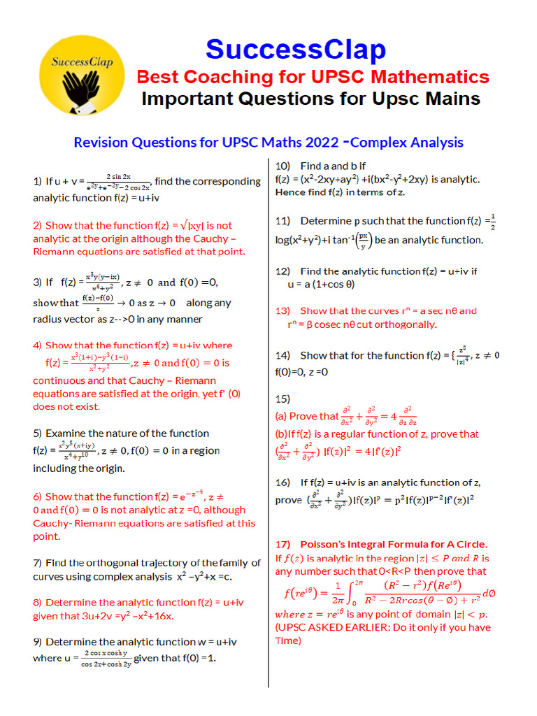 Complex ANalysis 2022 SuccessClap Revision Qns | PDF