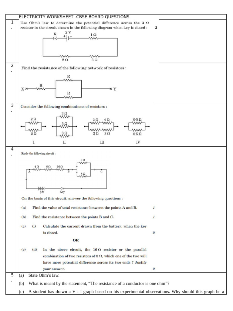 CBSE Electricity Worksheet Questions | PDF