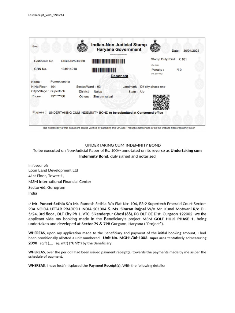 Undertaking For Loss of Documents Punit Sethia | PDF | Indemnity | Civil Law (Legal System)