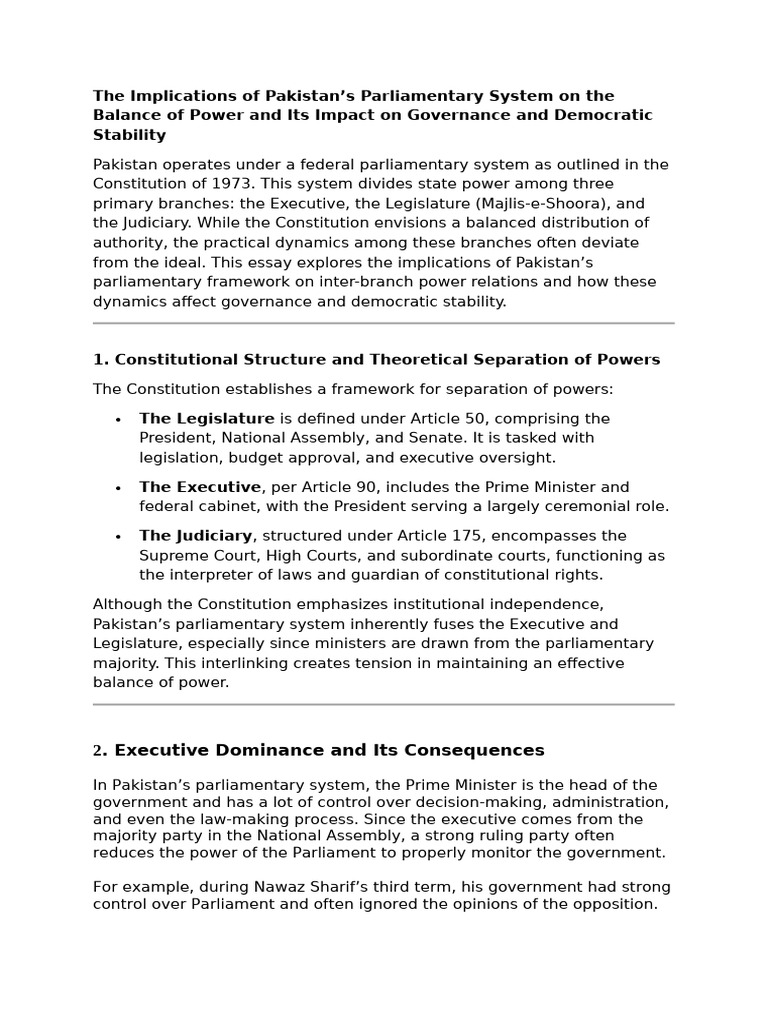 Pakistan's Parliamentary System Impact on Governance | PDF | Separation ...