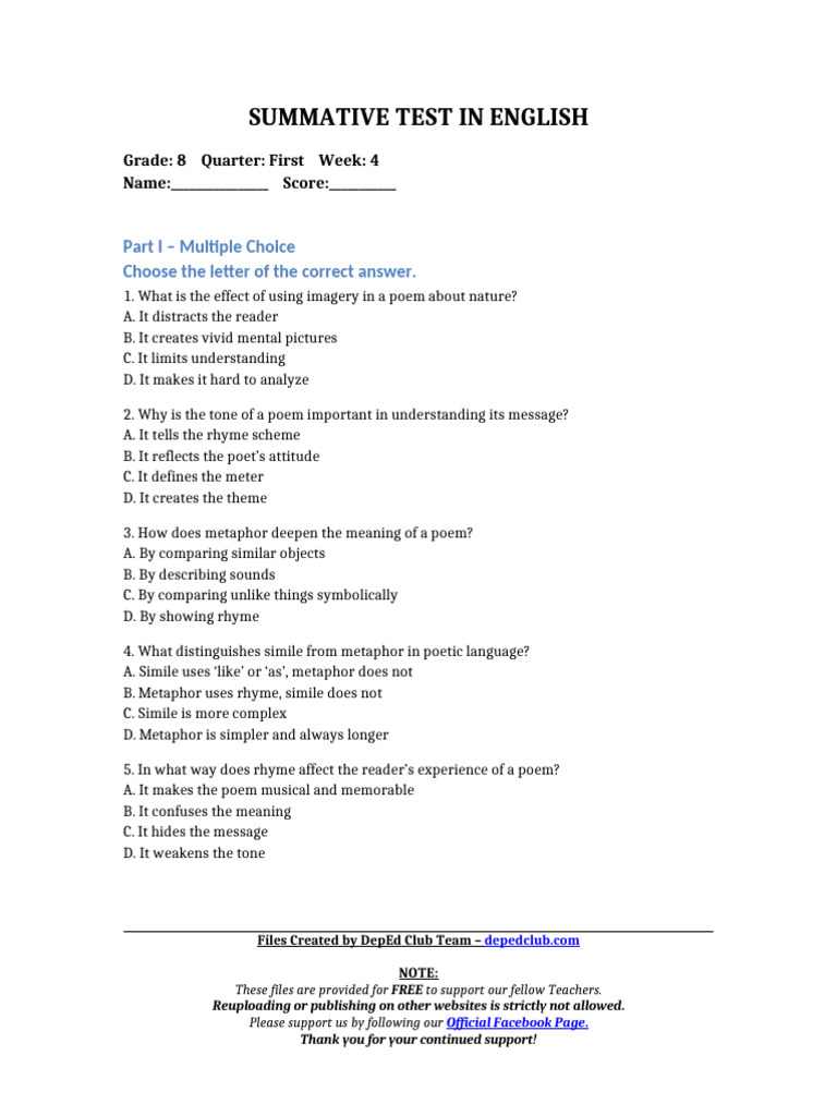 Grade 8 Poetry Summative Test | PDF | Poetry | Rhyme
