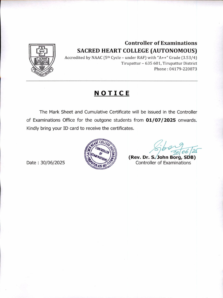 Mark Sheet & Cumulative Certificate Notice | PDF