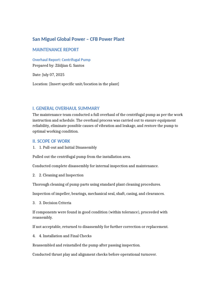 Centrifugal Pump Maintenance Overhaul Report | PDF | Pump | Marine ...