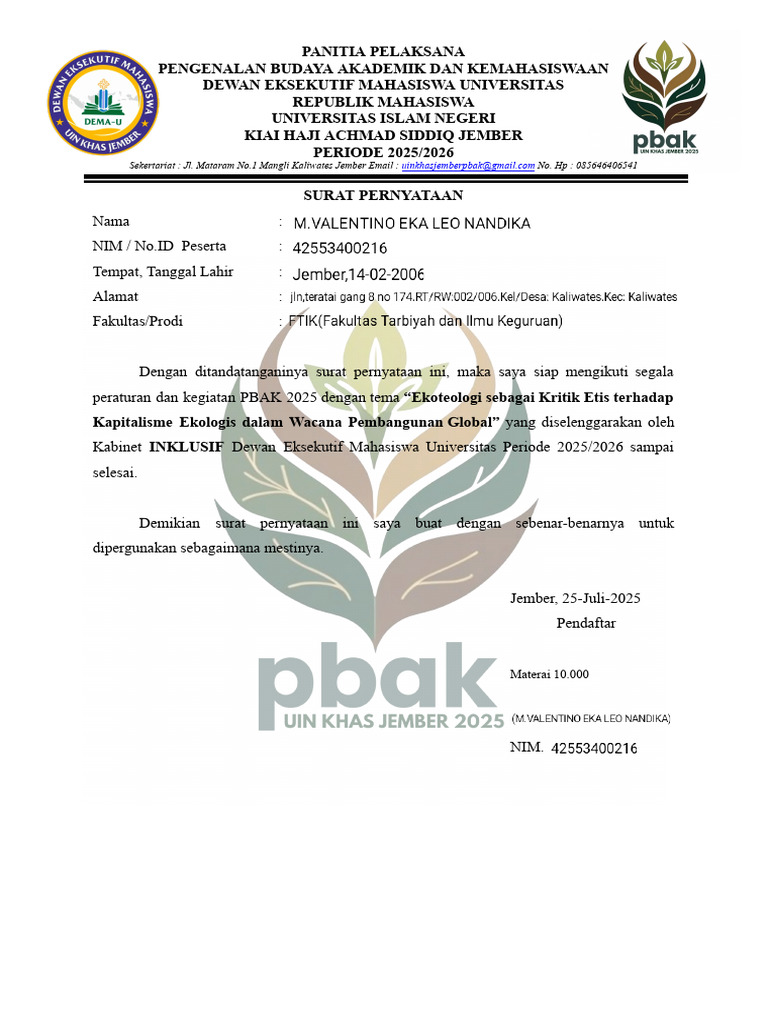 Surat Pernyataan PBAK 2025 | PDF