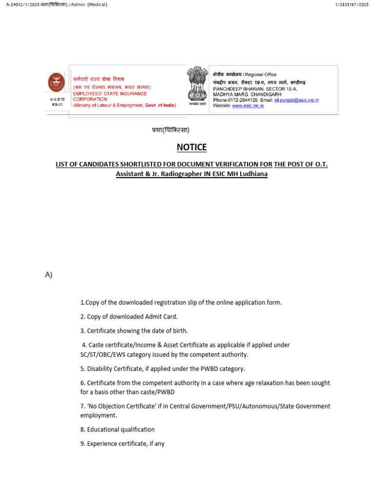 Notice List of Candidates Shortlisted For Document Verification For The ...