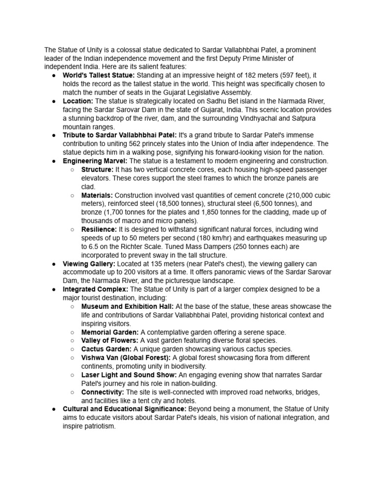 Sailent Features of The Statue of Unity | PDF