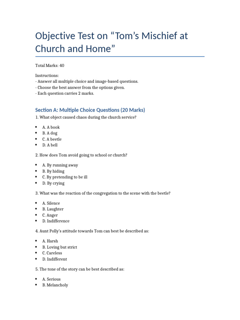 Tom Sawyer Objective Test | PDF