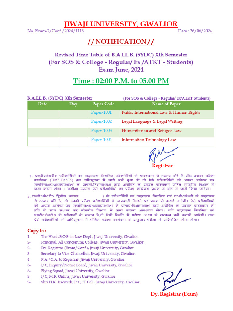 Time Table of B.A.LL - .B. 5YDC XTH Semester For SOS College Regular ...