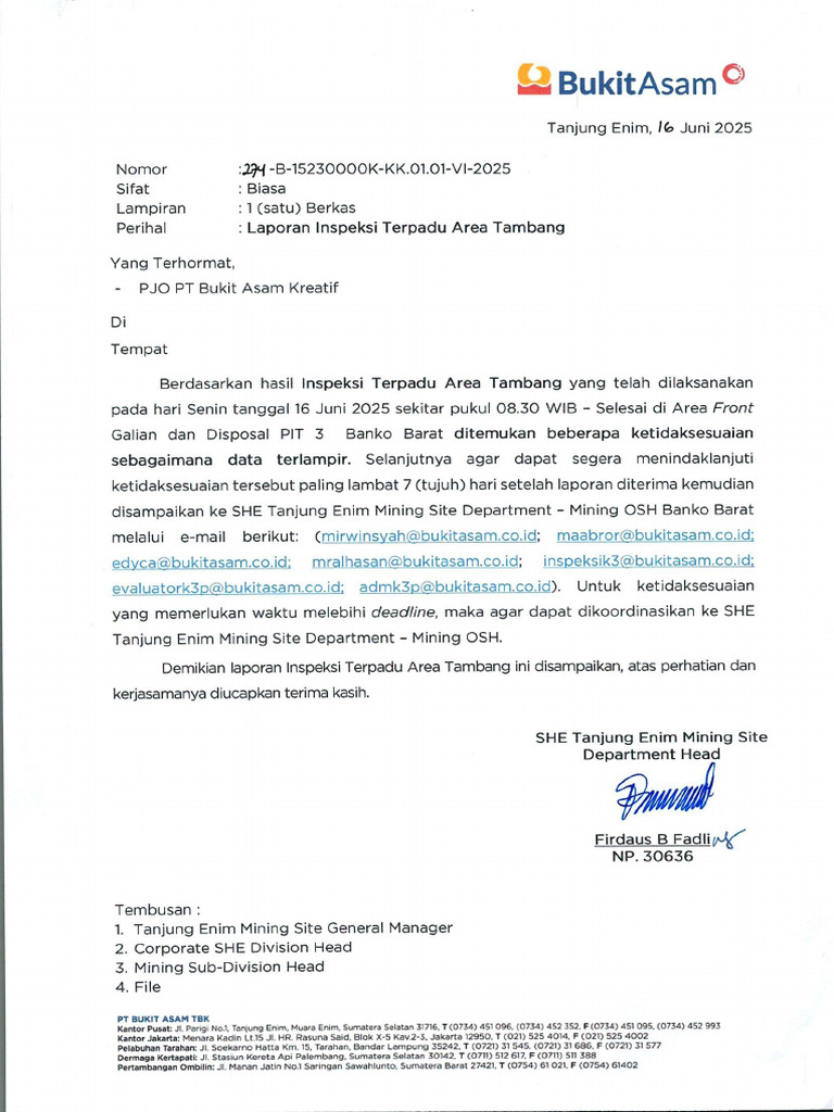 Laporan Inspeksi Terpadu Area Tambang PIT 3 Banko Barat 16 Juni 2025 | PDF