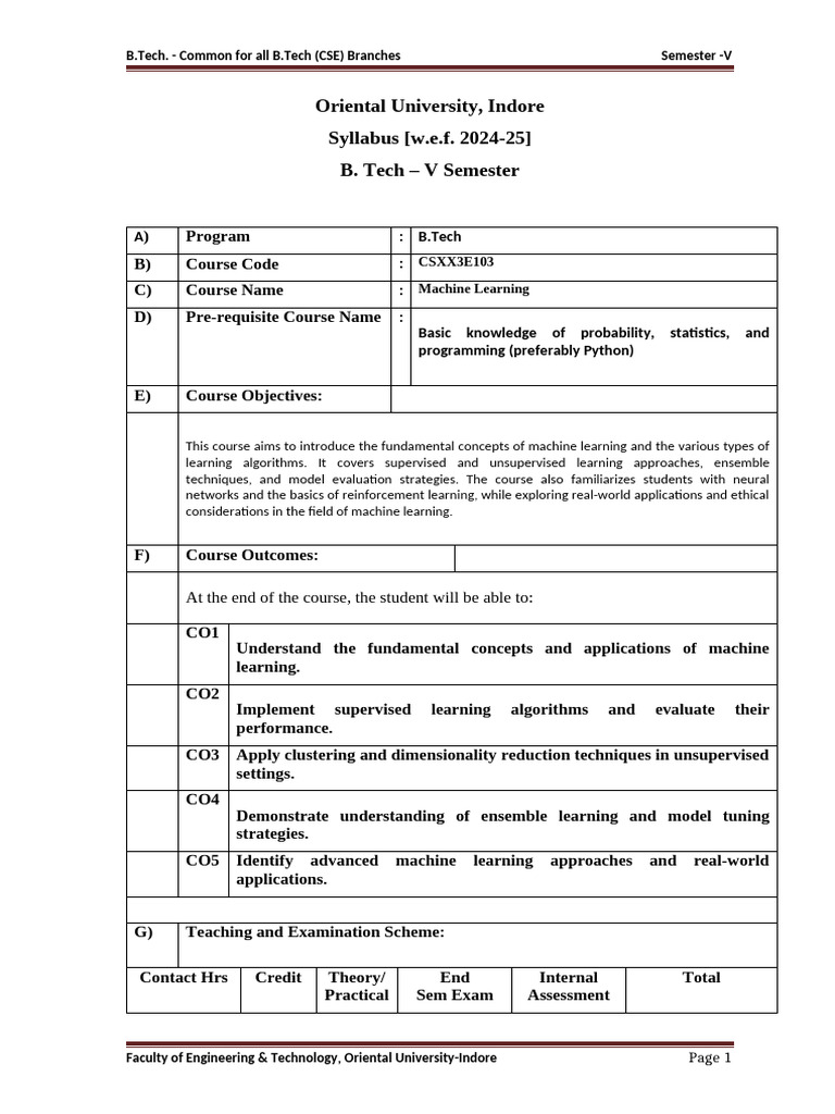 Machine Learning Syllabus Format 24-25 | PDF | Machine Learning | Deep Learning