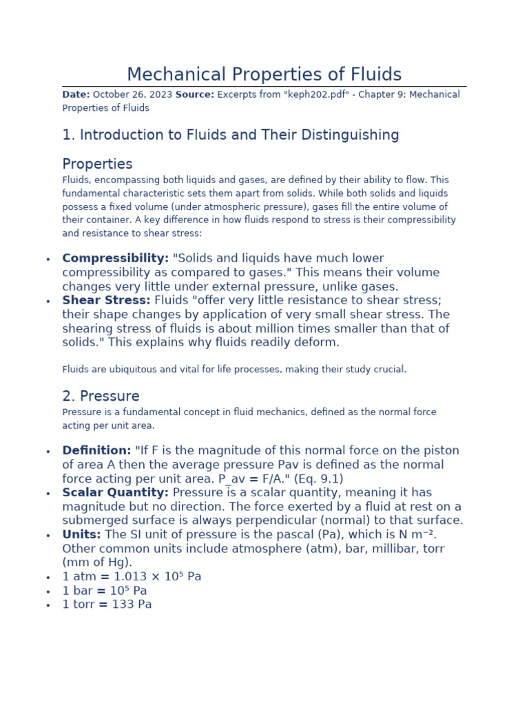 Mechanical Properties of Fluids | PDF | Pressure | Fluid Dynamics
