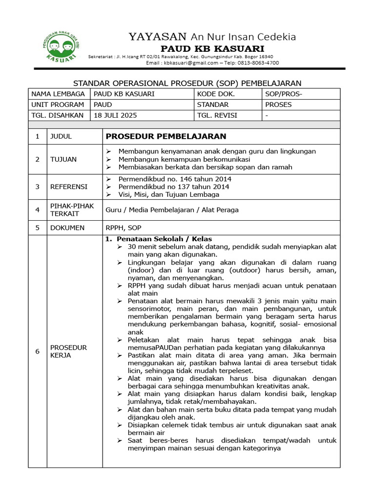 SOP Pembelajaran PAUD KB Kasuari | PDF