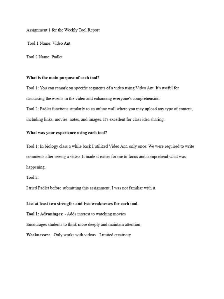 Assignment 1 For The Weekly Tool Report U | PDF