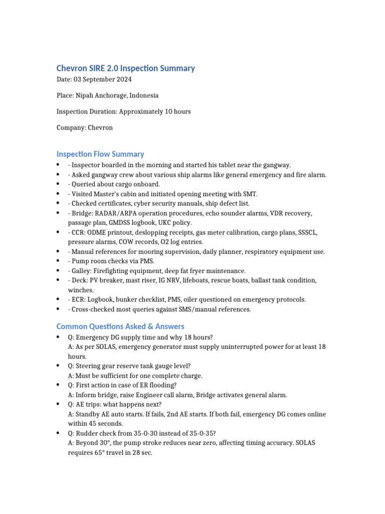 Chevron SIRE 2.0 Inspection Summary | PDF | Watercraft | Shipping