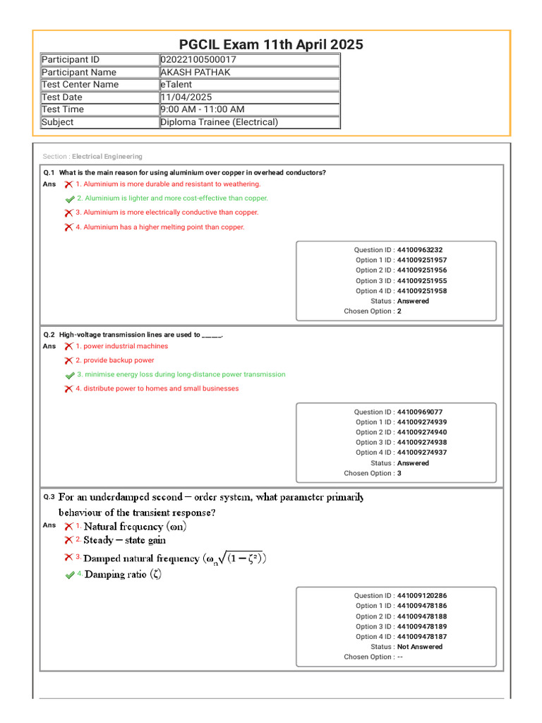 Answer Key Pgcil 2025 | PDF | Electric Motor | Electric Power Transmission