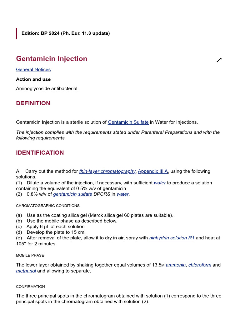 Gentamicin Injection: BP 2024 Guidelines | PDF | Chromatography ...