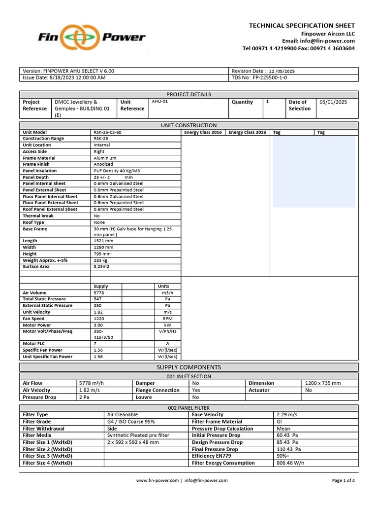 Finpower AHU Technical Specification Sheet | PDF | Physical Quantities ...