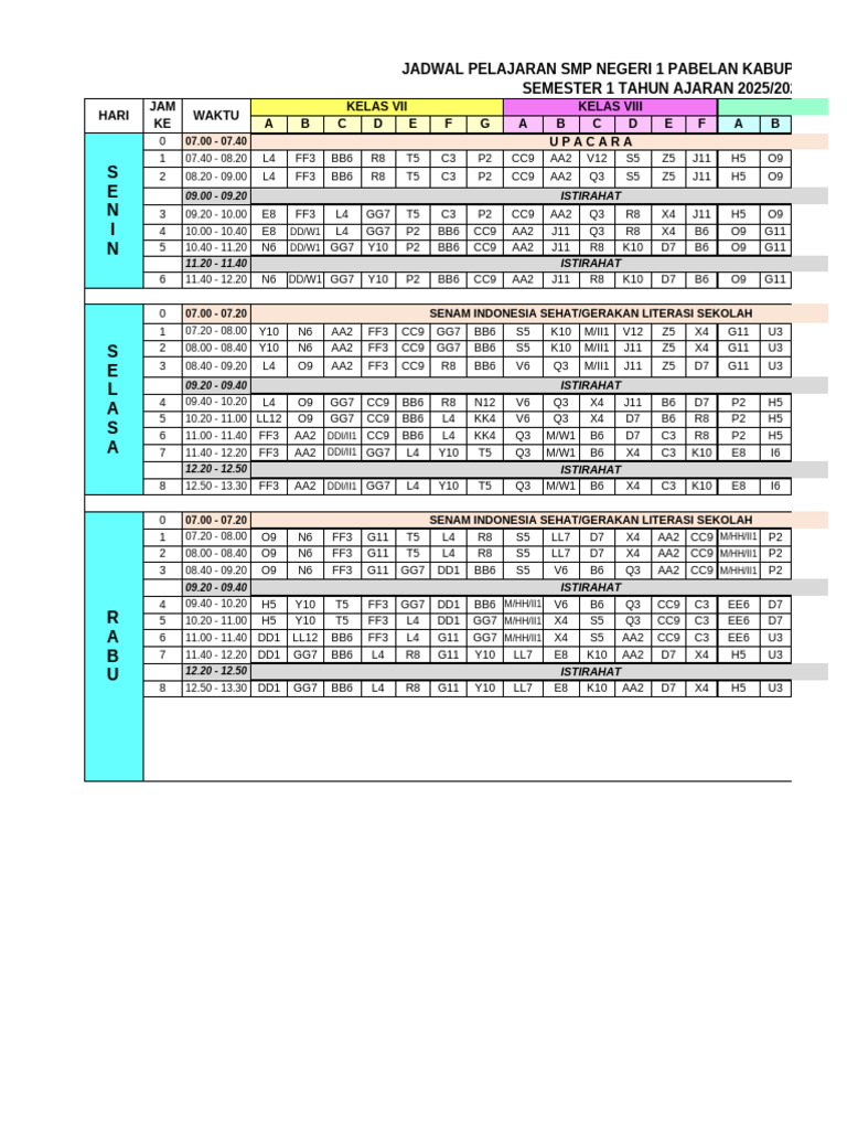 Jadwal Pembelajaran Ta 2025 2026 Sem 1 A4 Fix | PDF