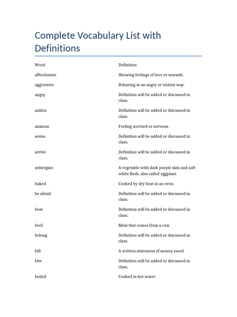 Bingo Vocabulary List with Definitions | PDF | Eggplant | Food And ...