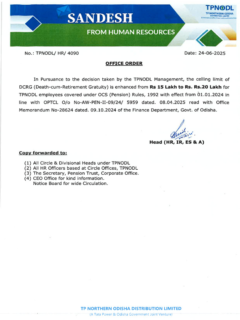 SANDESH - Office Order - DCRG (Death-cum-Retirement Gratuity) | PDF