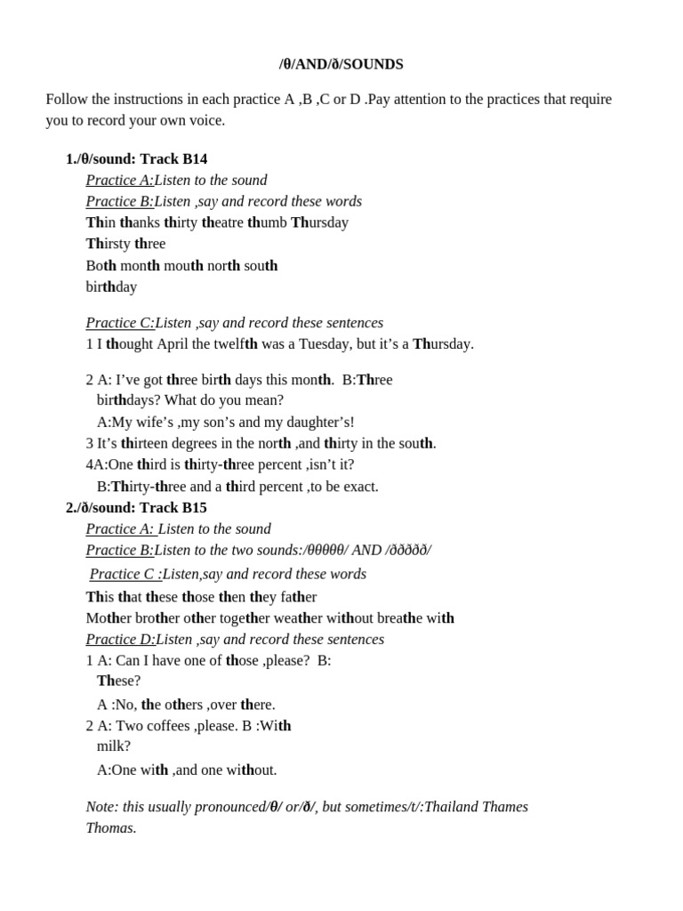 Practicing θ and ð Sounds | PDF