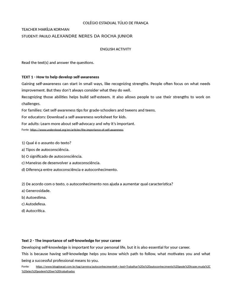 Atividade English Paulo 1 | PDF | Psicologia | Conceitos psicológicos