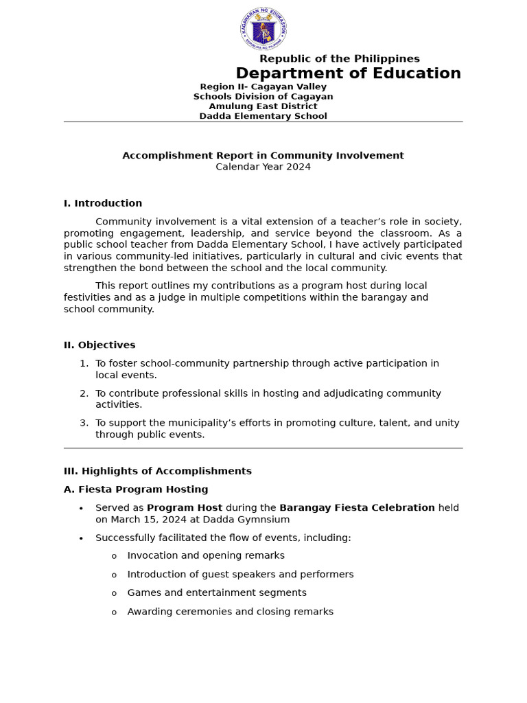 Accomplishment Report Community Involvement | PDF | Scouting | Social Psychology